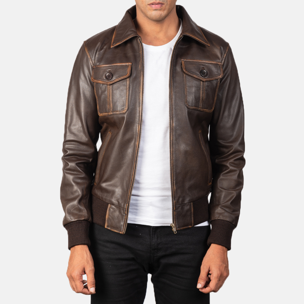Men's Aaron Distressed Brown Leather Bomber Jacket