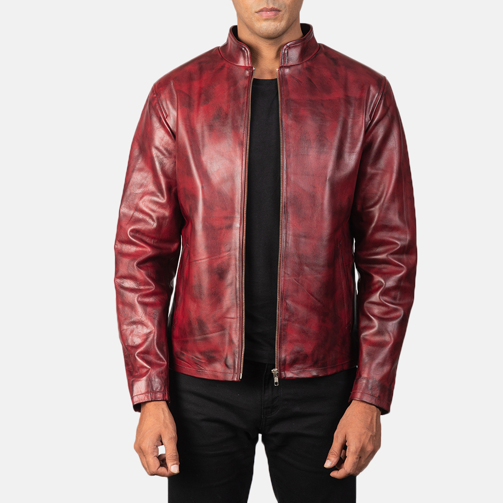 Men's Alex Distressed Burgundy Leather Biker Jacket