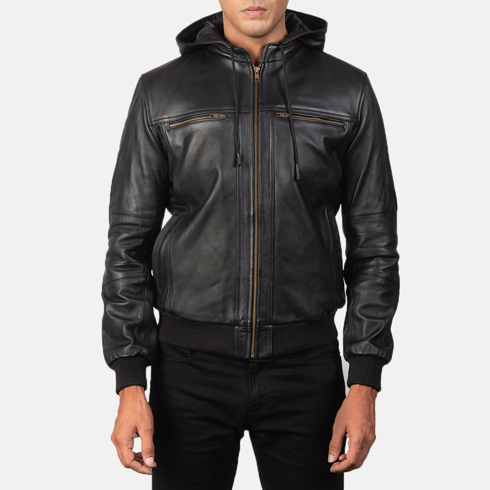 Men's Bouncer Biz Black Leather Hooded Bomber Jacket