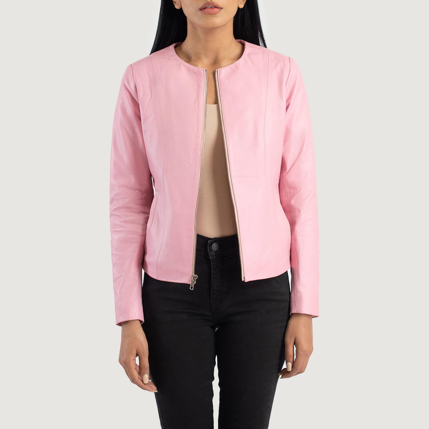 Women's Elixir Pink Collarless Leather Jacket